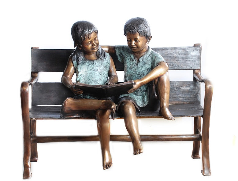 Children on a Bench Statues | Boy and Girl Sitting on Bench Statue ...