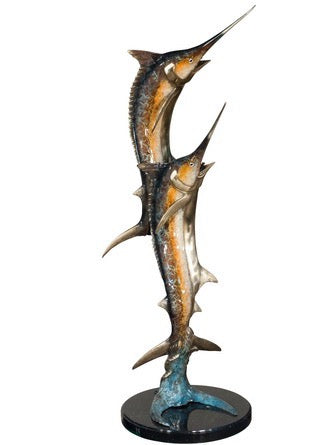 2 Leaping Bronze Swordfish Statue on Marble Base - 53”H ...