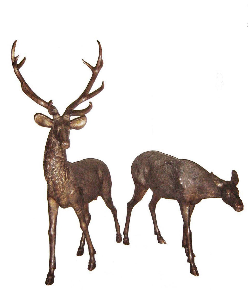 Bronze Life Size Buck and Doe Deer Statues on Base Outdoor ...