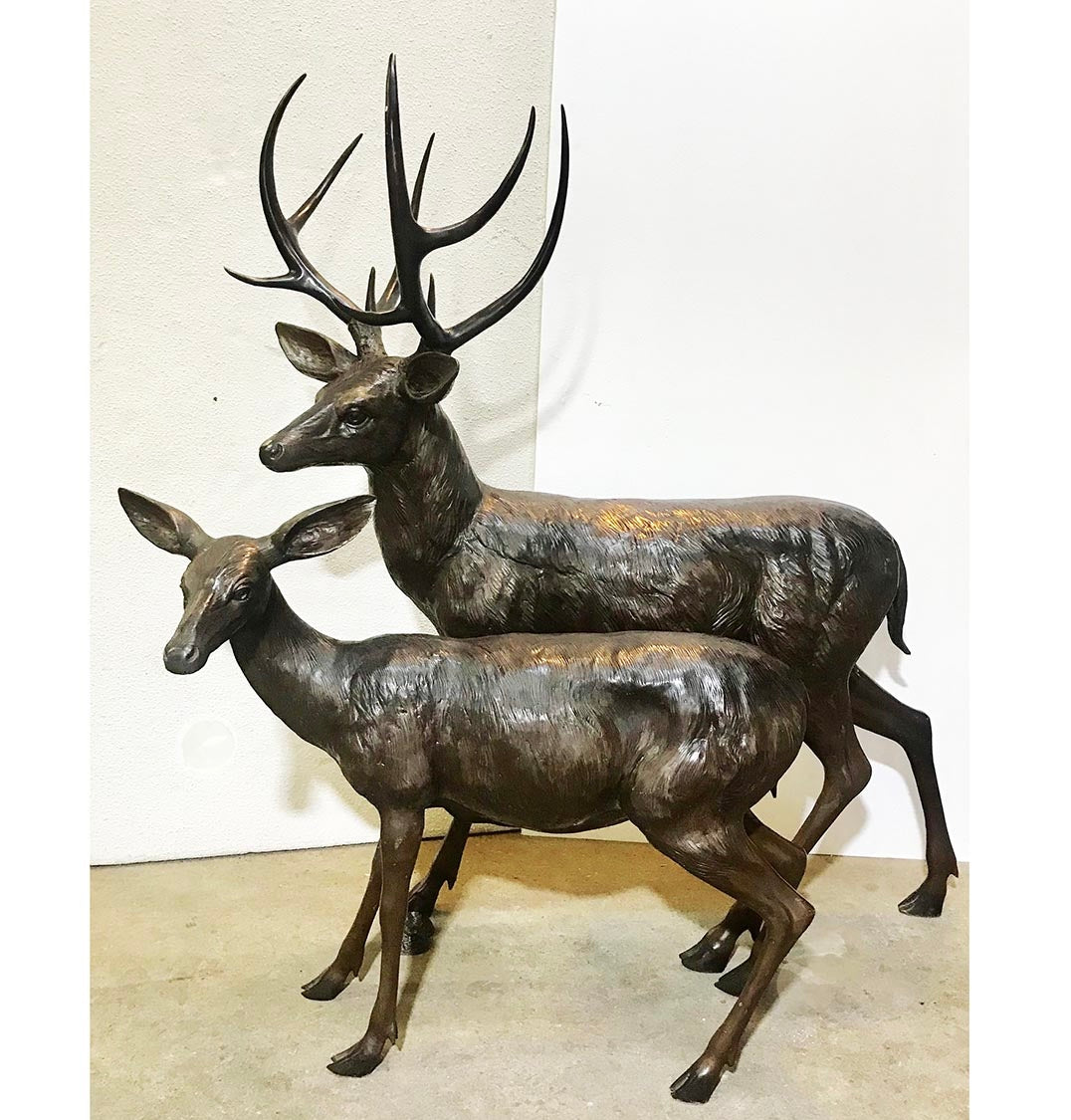 Bronze Life Size Buck and Doe Deer Statues on Base Outdoor ...