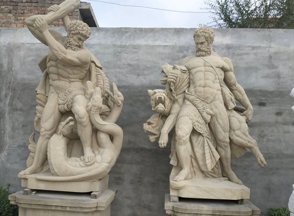 Pair of Hercules Marble Statues on Pedestals – timelessbronze.com